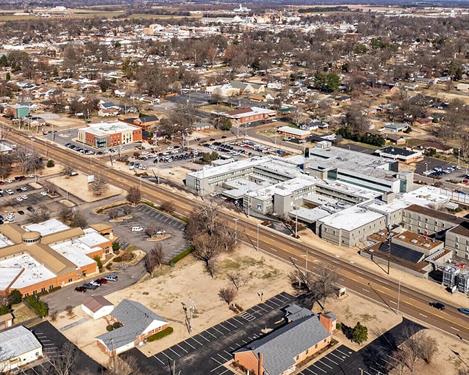 The aerial view of Union City reveals a community surrounded by the agricultural tapestry that feeds America.