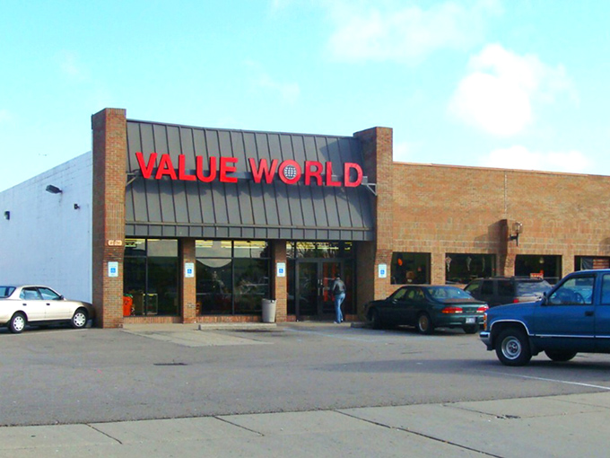 Value World's brick facade stands solid as a Midwestern handshake, promising honest deals that never disappoint the faithful.