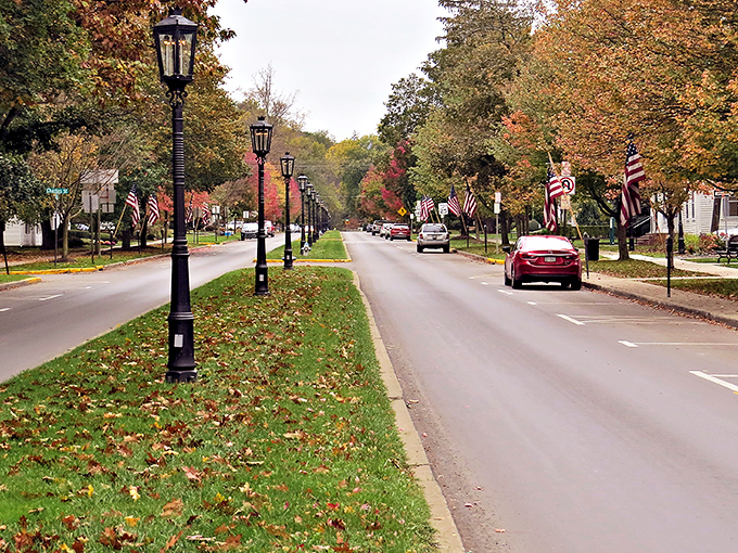 Wellsboro's gas lamps and wide boulevard create a main street that looks like it's waiting for a parade.