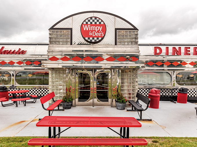 Wimpy & Dee's checkerboard sign promises a trip back to simpler times when milkshakes came with the metal mixing cup.
