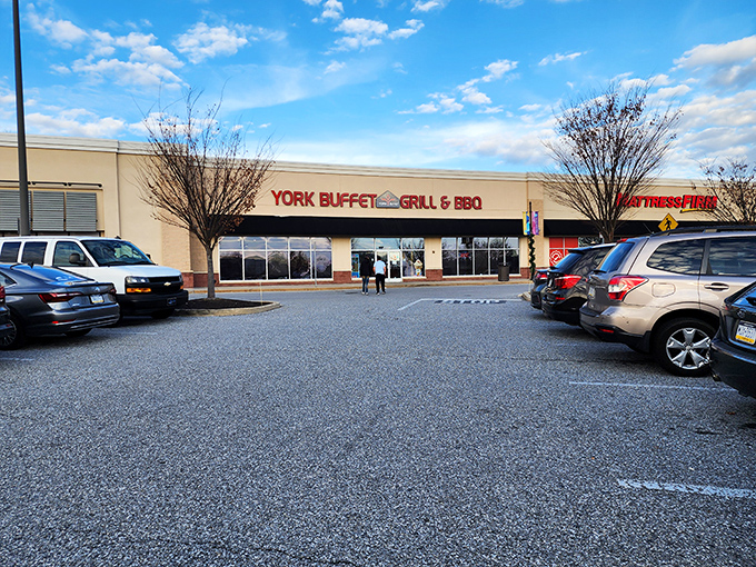 York Buffet's straightforward storefront makes a simple promise: come hungry, leave happy, and maybe waddle a little on the way out.