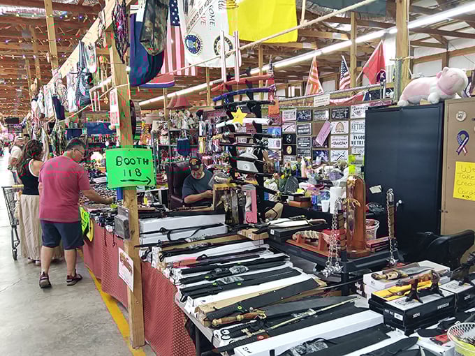 Inside the bustling market hall, shoppers browse colorful booths where every table might hold that perfect unexpected find.