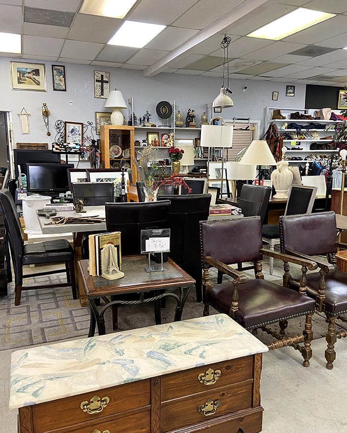Well-organized furniture displays showcase quality pieces at unbeatable thrift store prices throughout. 
