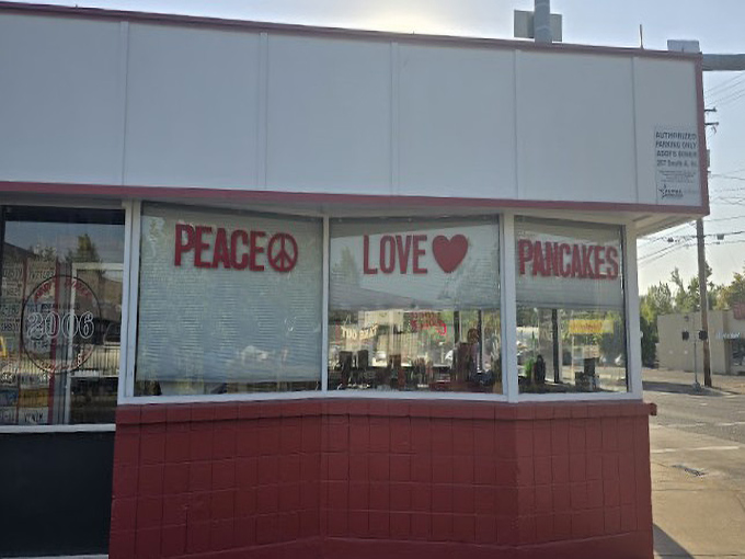 "Peace, Love, Pancakes" &ndash; Addi's windows tell you everything you need to know about their delicious breakfast philosophy.