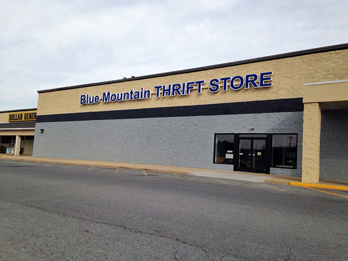 Two-toned and terrific, Blue Mountain Thrift Store's exterior hints at the organized shopping experience within. Bargain hunting made beautiful!