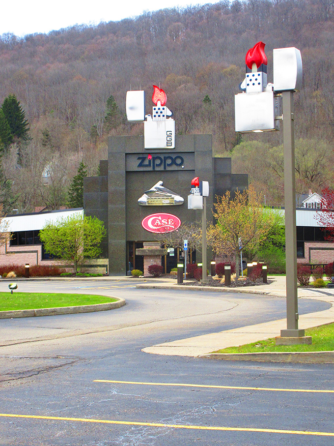 Bradford's Zippo lighter museum entrance features giant lighter sculptures, adding quirky charm to this affordable retirement destination in northern Pennsylvania.