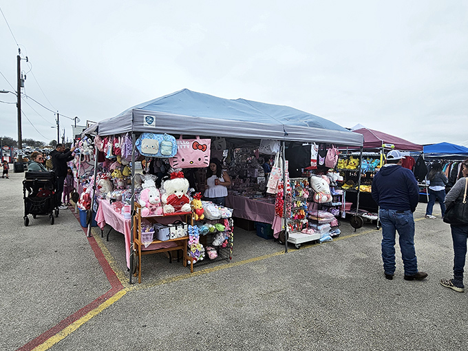 Stuffed animals and colorful merchandise create a carnival atmosphere at this Bussey's market—shopping as pure entertainment.