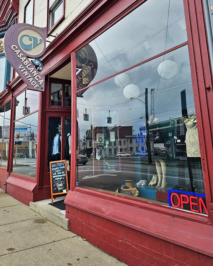 The vintage shop's distinctive red facade and retro signage hint at the time-traveling treasures displayed in its windows.