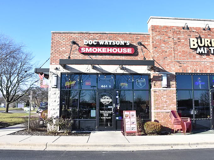 Winter can't dim Doc Watson's BBQ appeal&mdash;that red sign promises warmth in both temperature and flavor.