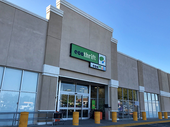 That simple green sign marks the entrance to a thrifter's paradise where sustainability meets affordability in perfect harmony.