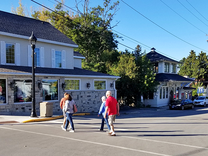 The historic storefronts of Fish Creek invite window shopping and leisurely strolls, perfect for a day of Door County exploration.