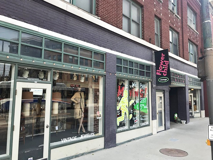 This brick storefront with its distinctive signage stands as a colorful beacon for vintage lovers. Retro retail therapy at its finest!