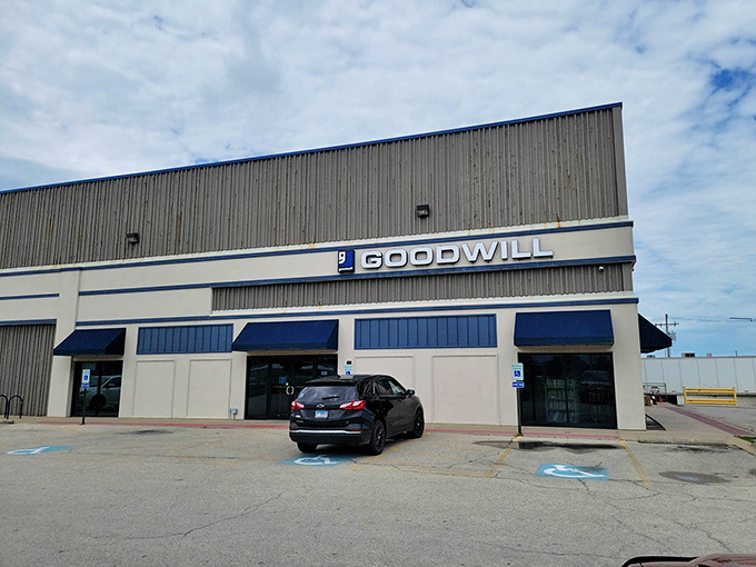 Blue awnings and ample parking welcome bargain hunters to this spacious Goodwill outpost in Champaign.