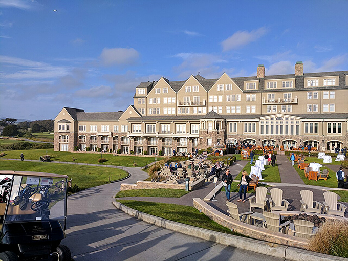 Half Moon Bay's crown jewel shines brightest when afternoon sun hits those honey-colored walls. Even the golf carts look fancy here!