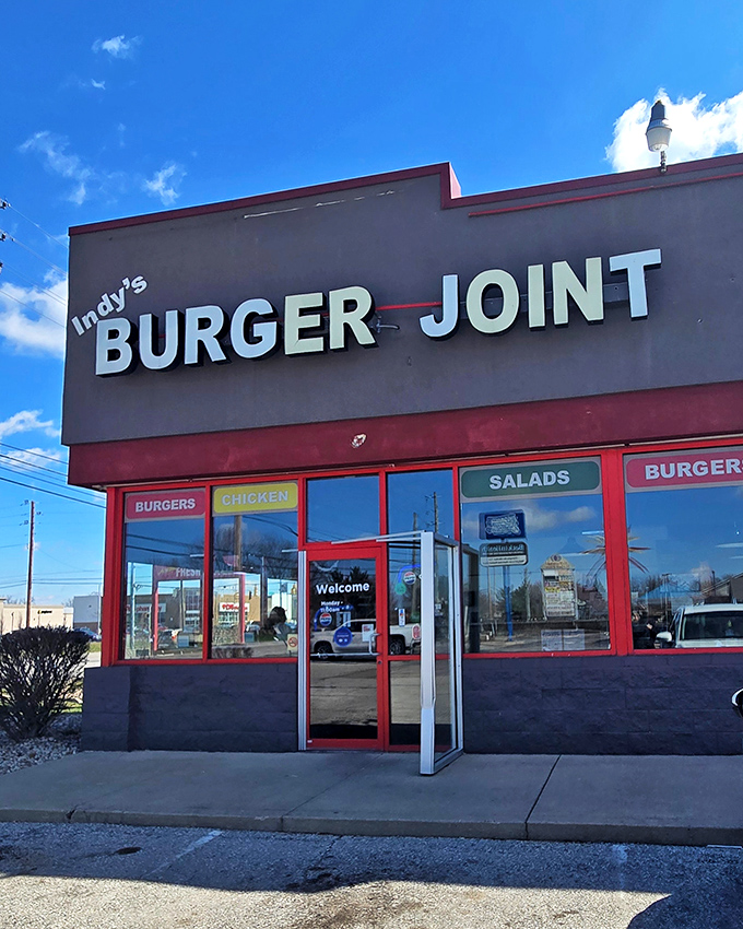 Bold signage announces Indy's Burger Joint to passing traffic. The straightforward design mirrors their approach to classic, unfussy burgers.