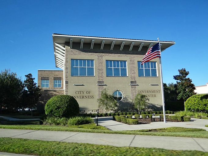 Inverness City Hall looks ready for business in the 21st century, while just blocks away, the historic courthouse dome peeks above the tree line.