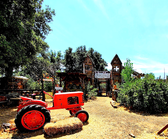 The Old West lives on in Julian, where that red tractor seems to be waiting for its close-up in a rural California postcard.