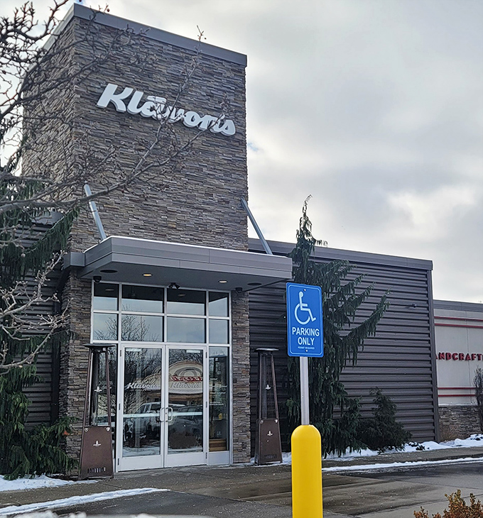Winter can't dim the warm welcome of Klavon's contemporary exterior. Inside those doors, pizza dreams come true year-round.