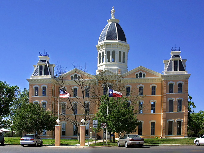 The courthouse dome in Marfa catches the last golden light of day, standing tall in a town that marches to its own artistic beat.