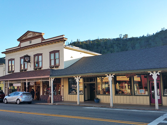 Historic storefronts in Mariposa maintain their Gold Rush character. You half expect to see miners walking down the wooden sidewalks.