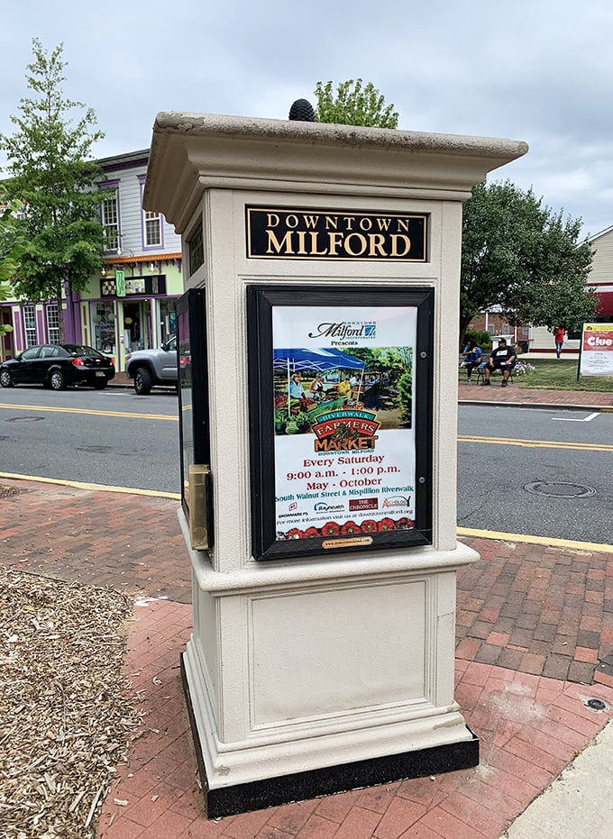 Downtown Milford invites you to enjoy the farmers market, local shops, and a vibrant community atmosphere on sunny weekends.