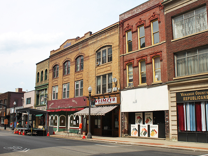 The well-preserved storefronts of Oil City tell stories of past prosperity while offering present-day affordability.