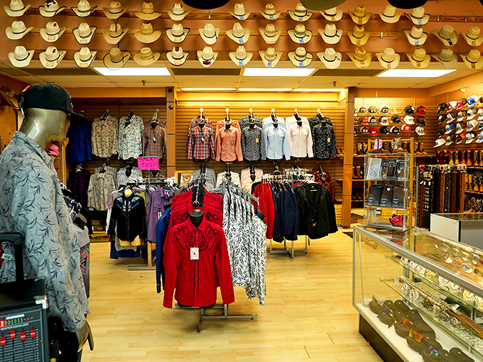 Cowboy couture central! This Pasadena Indoor Flea Market booth showcases enough Western wear to outfit the entire cast of Yellowstone.