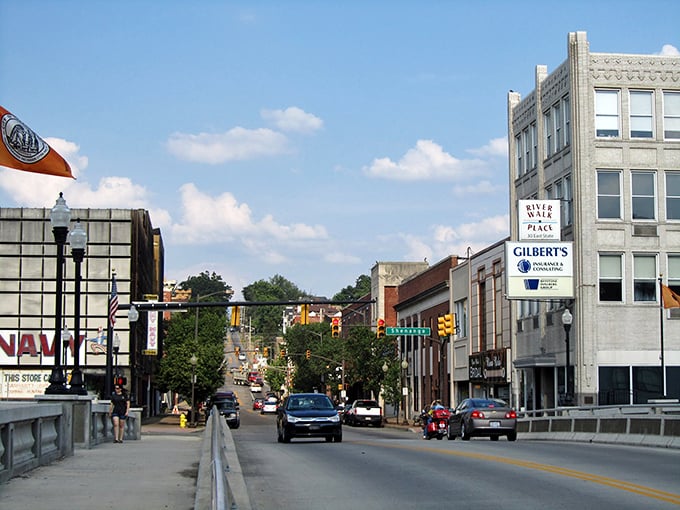 The warm glow of autumn transforms Sharon's main street into a golden gallery of small-town Americana.