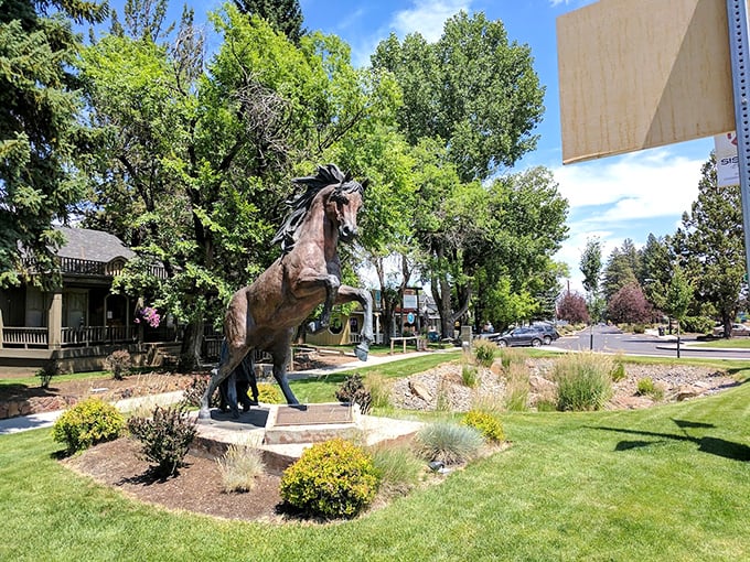 A bronze horse rears dramatically in this town square, celebrating the wild spirit that still runs through Central Oregon.