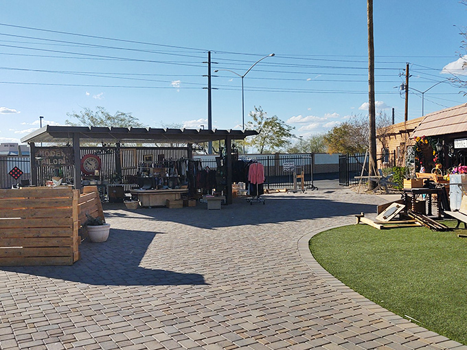 Beyond these doors lies an outdoor thrifting paradise where garden treasures and furniture finds await.