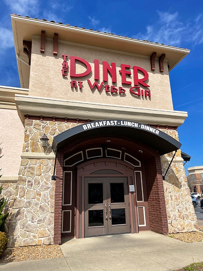 Modern meets nostalgic at The Diner at Webb Gin, where that arched entrance leads to breakfast bliss.