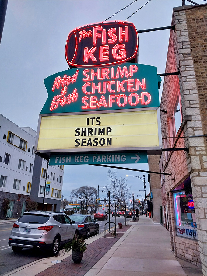 When the neon glows at The Fish Keg, you know it's time for crispy, golden seafood that defies all fancy restaurant logic.