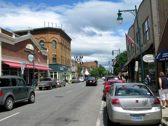 Historic brick buildings in Vevay stand shoulder to shoulder, like old friends who've weathered life's storms together for centuries.