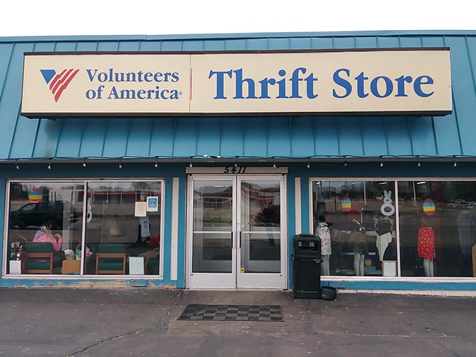 Colorful window displays at this Volunteers of America location showcase the ever-changing merchandise inside.