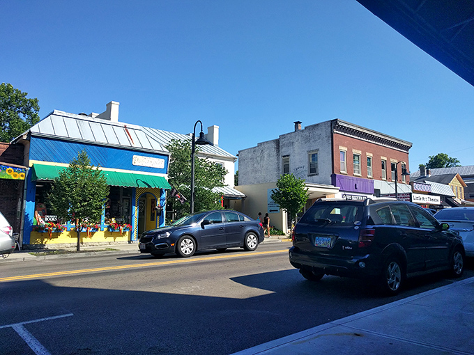 That charming stretch of Yellow Springs' main street isn't just history&mdash;it's a colorful blend of small-town shops and sunny Ohio skies, capturing the spirit of community and time.
