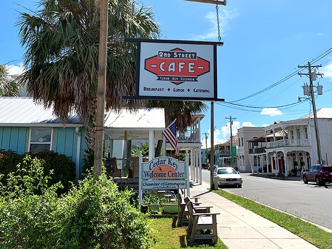 The 2nd Street Cafe sign promises the holy trinity of small-town dining: breakfast, lunch, and gossip served fresh daily.