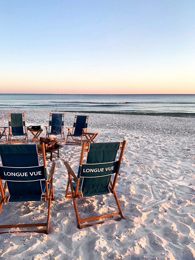 Beach chairs patiently await their temporary occupants, promising front-row seats to nature's greatest show&mdash;sunset over the Gulf.