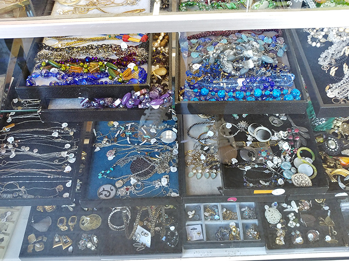 Jewelry cases sparkle with forgotten treasures, each piece ready to add glamour to someone's next special occasion outfit. 