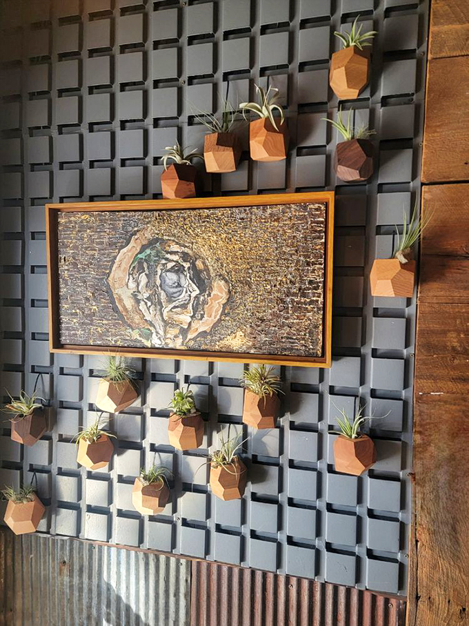 Even the decor tells a story &ndash; geometric planters with air plants create a modern accent wall that somehow feels perfectly at home in this rustic space.