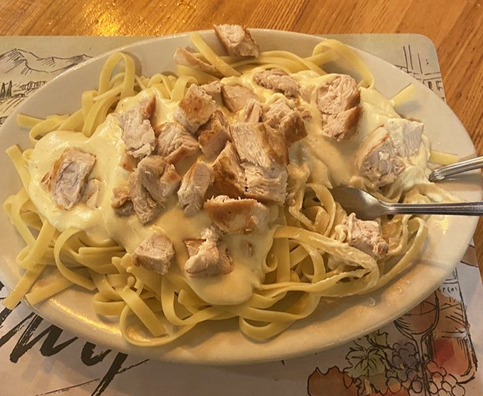 Pasta ribbons draped in silky sauce with tender chicken islands. The kind of comfort food that makes sweatpants feel like formal attire.