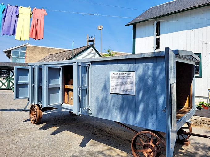 Not a covered bridge, but a fascinating glimpse into Amish ingenuity&mdash;this traditional bench wagon represents another form of Pennsylvania's living history.