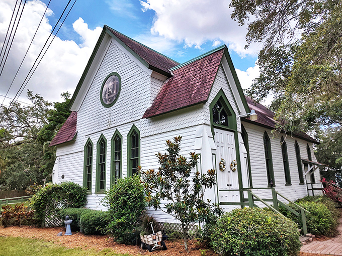 This charming chapel looks like it was plucked from a storybook. With its pointed windows and red roof, it's serving serious architectural character in a world of cookie-cutter buildings.