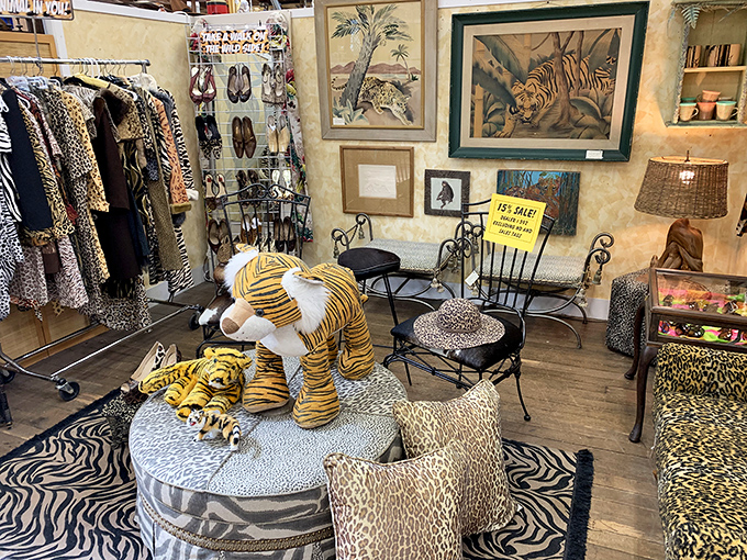 The safari came indoors and decided to stay. This booth proves leopard print never went extinct&mdash;it just migrated to throw pillows and accent chairs. 