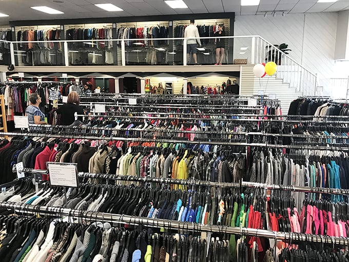 The two-level layout creates a department store feel, with clear signage directing bargain hunters to men's, women's, and specialty sections without the department store prices.