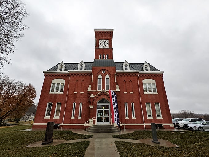 The magnificent Atchison County Courthouse commands attention with its striking red brick and clock tower&mdash;a centerpiece of civic pride since its construction.