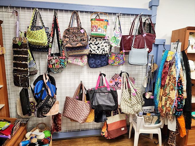 Handbag heaven! From practical totes to designer-inspired clutches, this wall of possibilities proves one person's "last season" is another's "just found treasure."