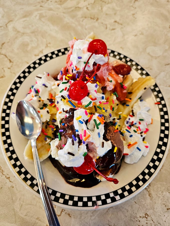 This isn't just a banana split&mdash;it's a childhood memory served in a dish, complete with sprinkles that add both color and nostalgia.