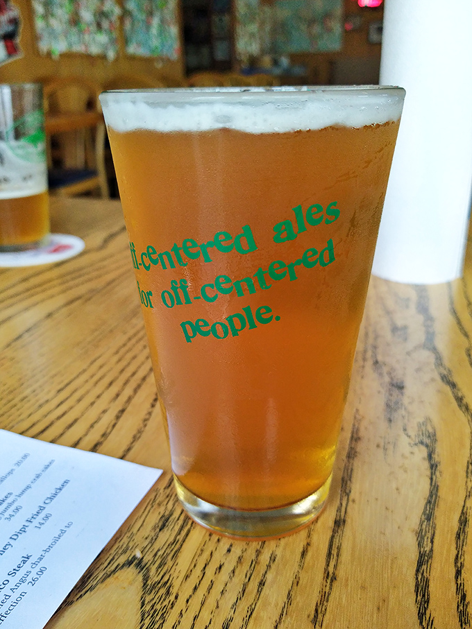 "Off-centered ales for off-centered people"&mdash;this glass isn't just holding beer; it's offering a philosophy with your meal.