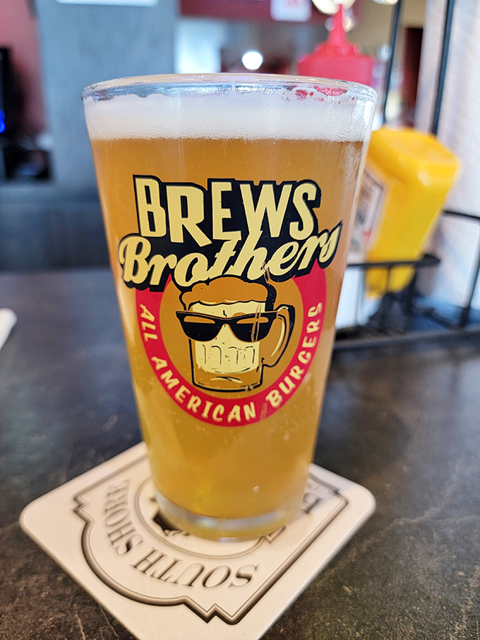 A proper Wisconsin beer, served in a glass that proudly displays its heritage. The foam collar is like the cherry on top of a liquid sundae.