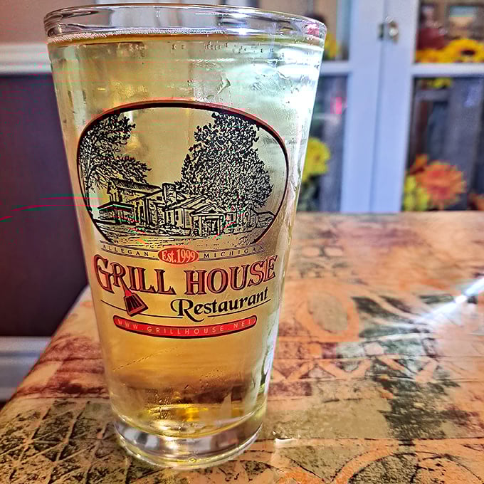 A cold beer in branded glassware&mdash;because hydration is important when embarking on serious culinary adventures in Michigan's heartland.